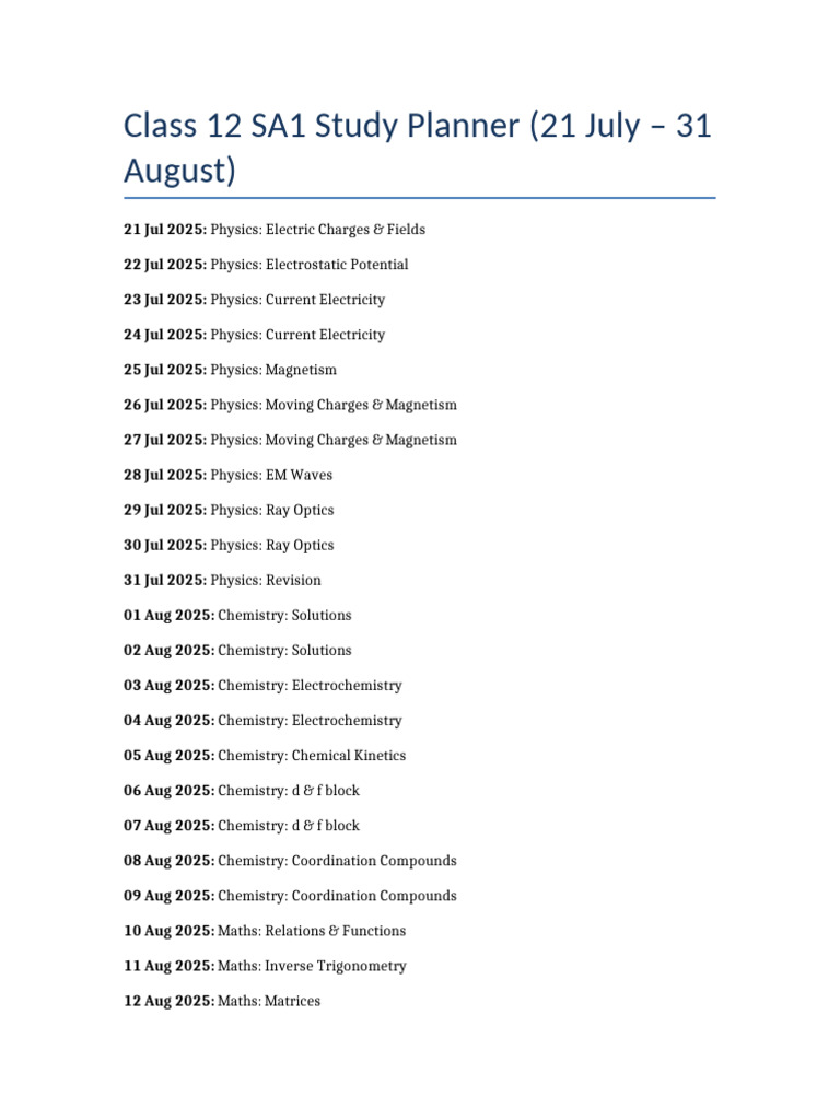 Class 12 SA1 Study Planner | PDF