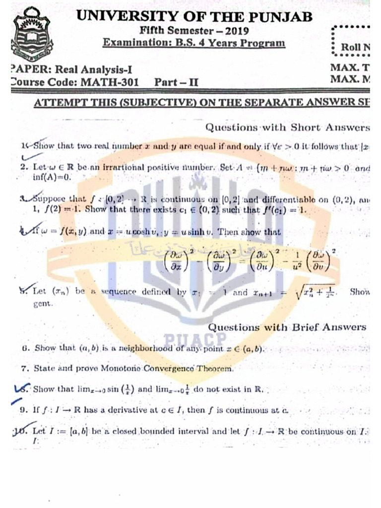 Real Analysis-I (Math-301) Unsolved | PDF
