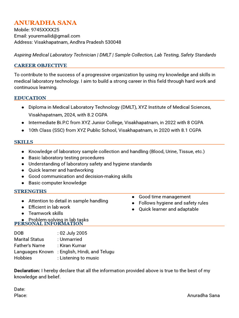 DMLT Lab Technician Resume Sample | PDF