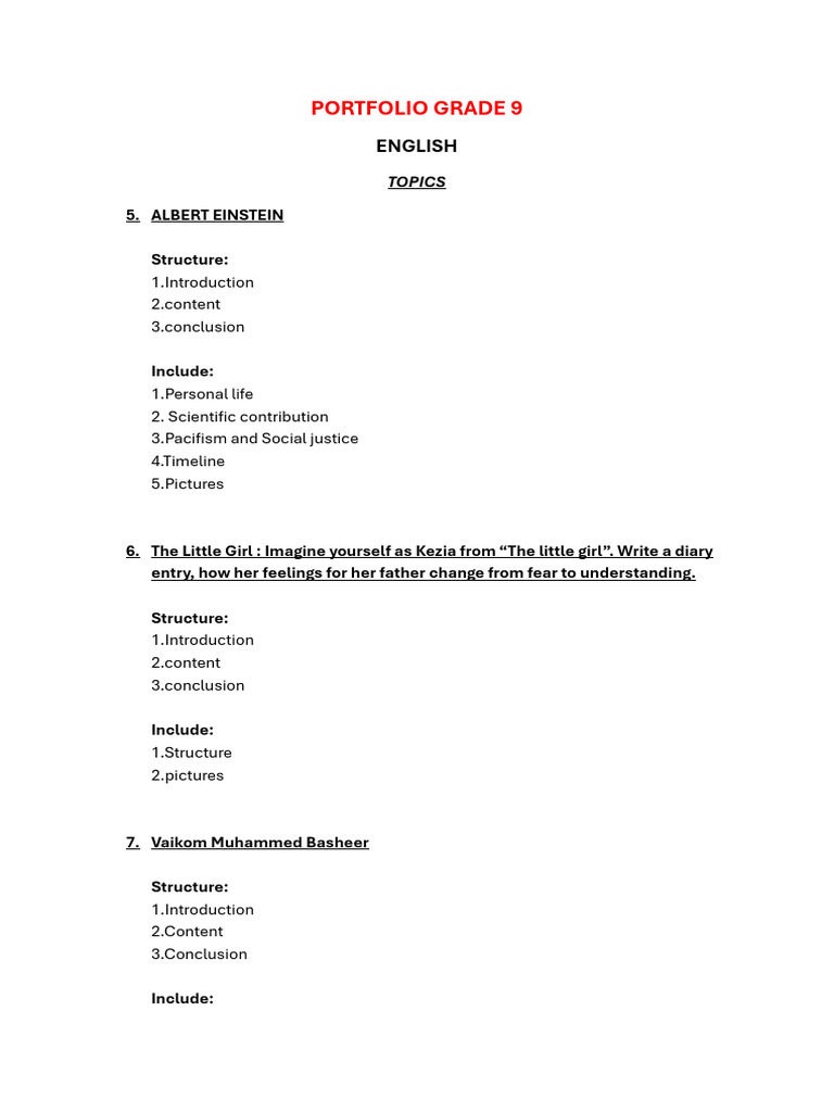 Grade 9 English Portfolio Topics | PDF