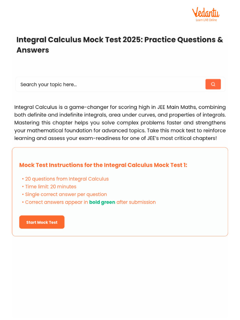 Integral Calculus Mock Test 2025 - Practice Questions & Answers | PDF