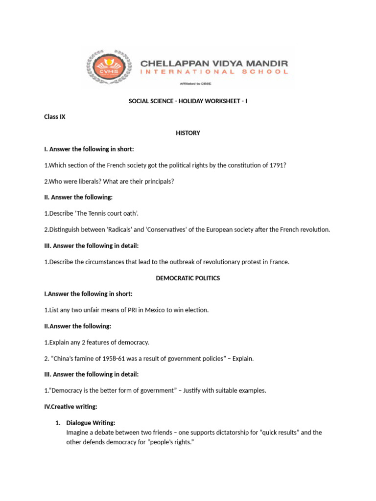 Ss- Class 9 Holiday Worksheet 1 | PDF