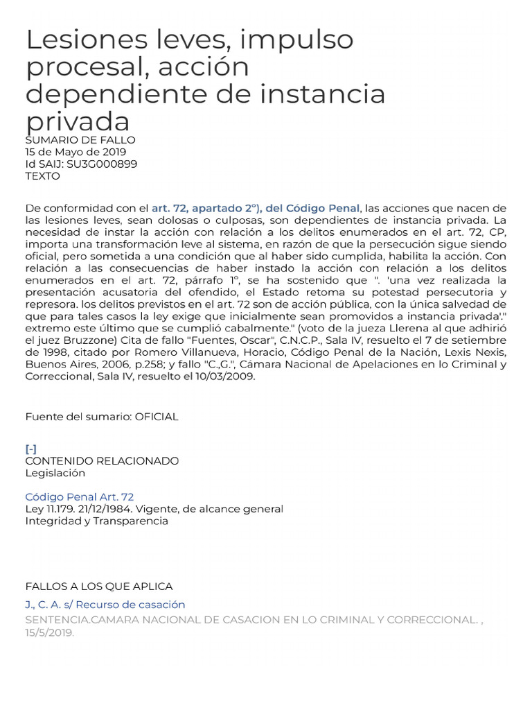 Lesiones Leves, Impulso Procesal, Acción Dependiente de Instancia Privada | PDF