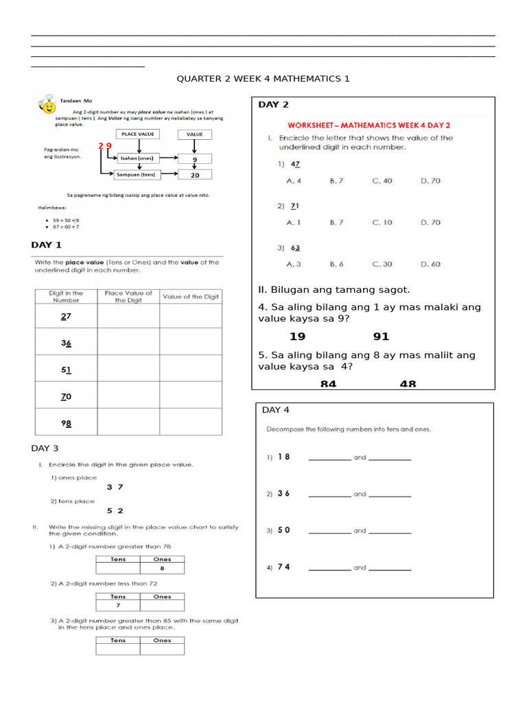 Mathematics Worksheet Week 4 | PDF