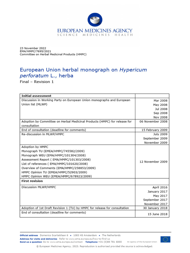 EU Herbal Monograph: Hypericum Perforatum | PDF | Dose (Biochemistry ...