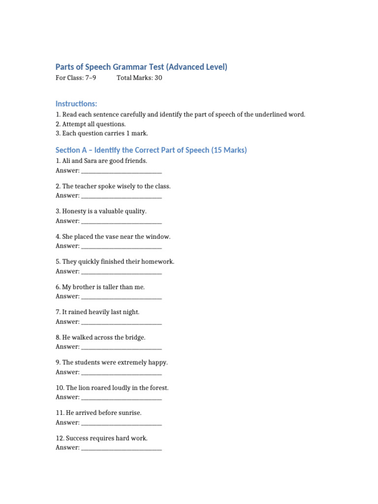 Parts of Speech Grammar Test | PDF | Adverb | Verb