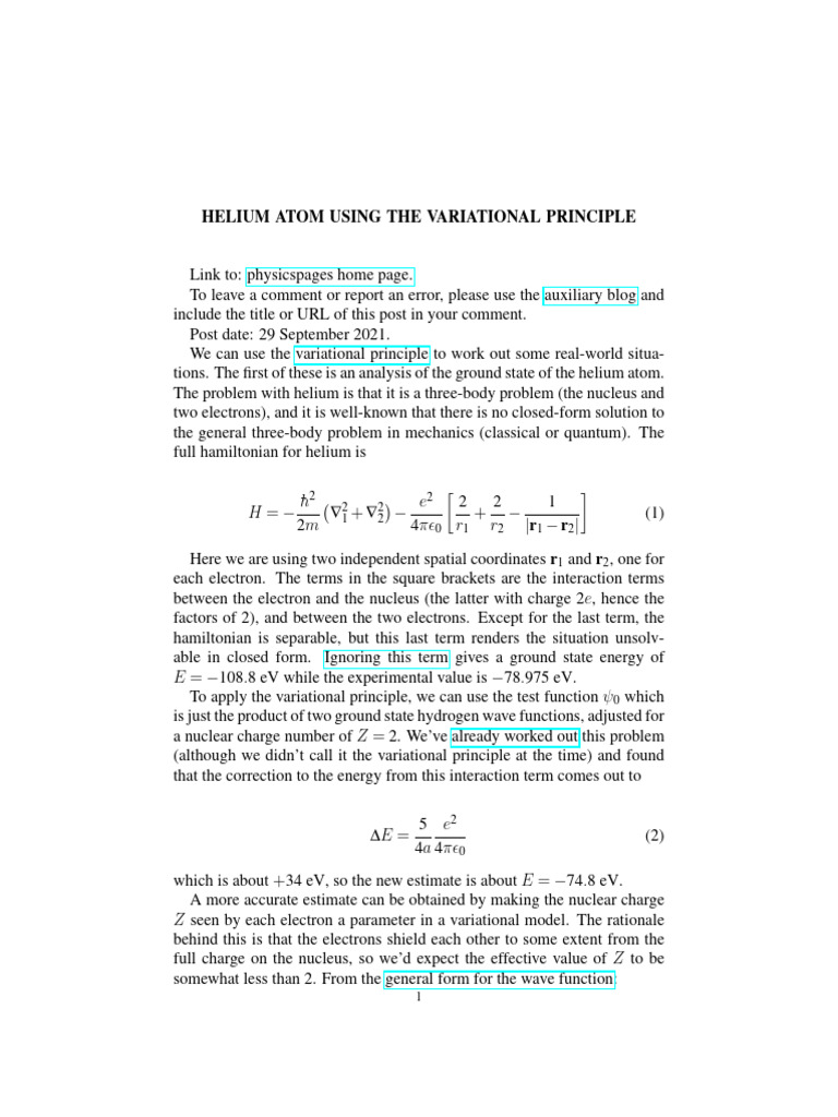 Variational Principle in Helium Atom Analysis | PDF | Electron | Atoms