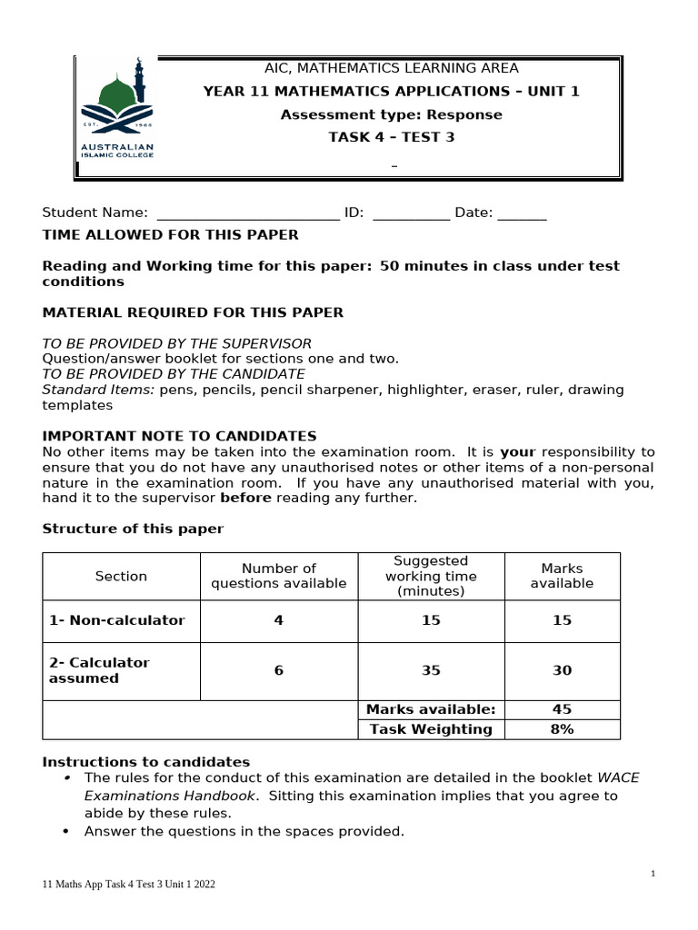 Year 11 Maths Applications Test 3 | PDF | Area | Euclidean Geometry