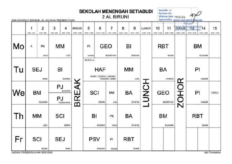 Form 2 Al-Biruni TimeTable - 190225 | PDF