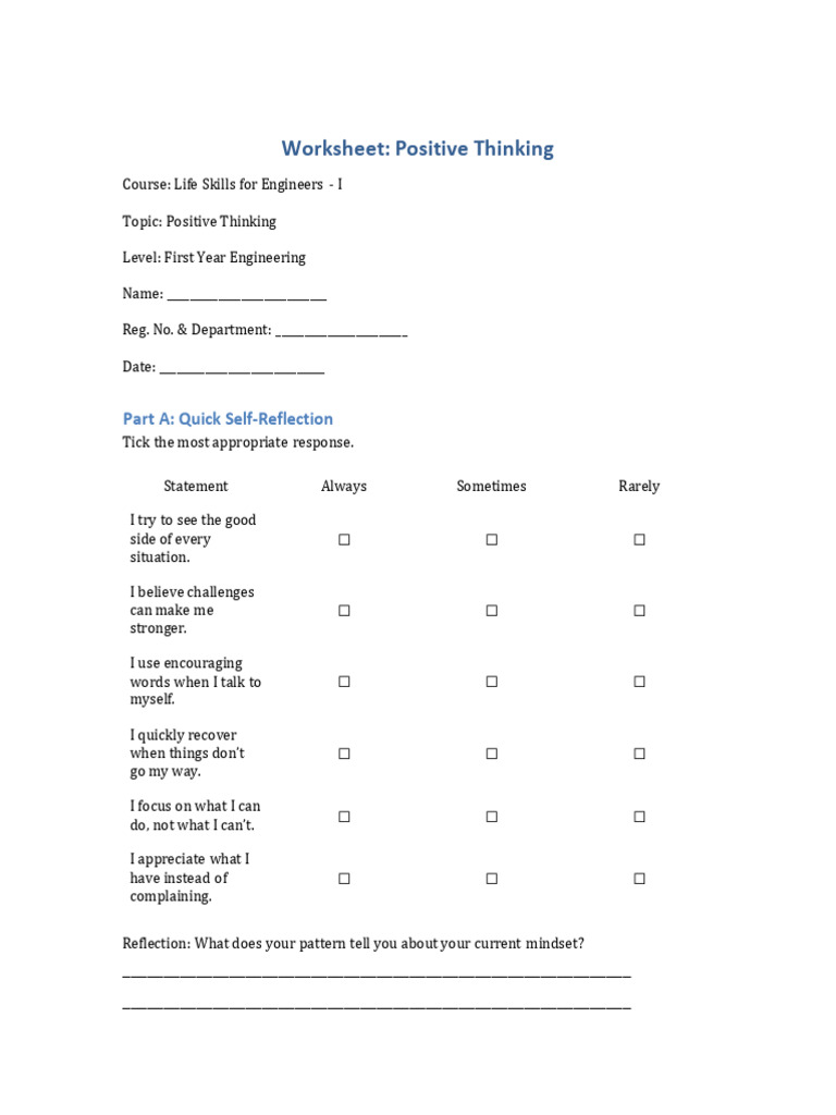 Student Worksheet Positive Thinking | PDF | Thought | Mindset