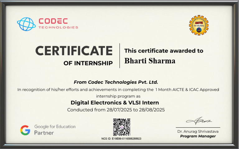 Digital Electronics Internship Certificate | PDF