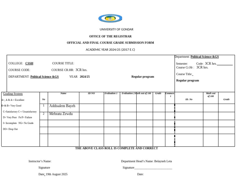 Course Grade Submission Form 2024/25 | PDF