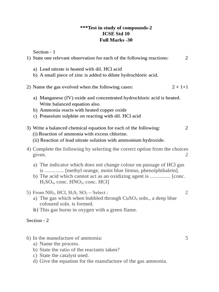 Test 2 On Study of Componds-HCl, HNO3, H2SO4 NH3 | PDF | Hydrochloric ...