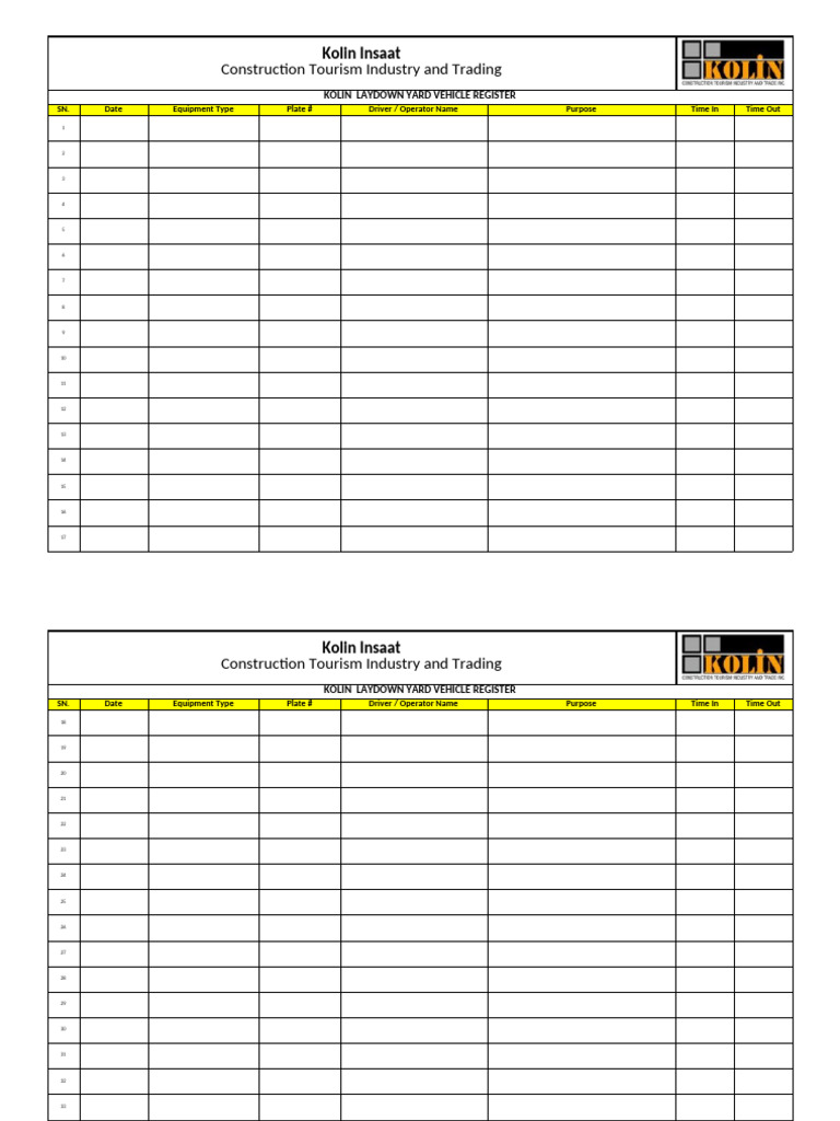 Laydown Vehicle and Equipment Entry Register | PDF