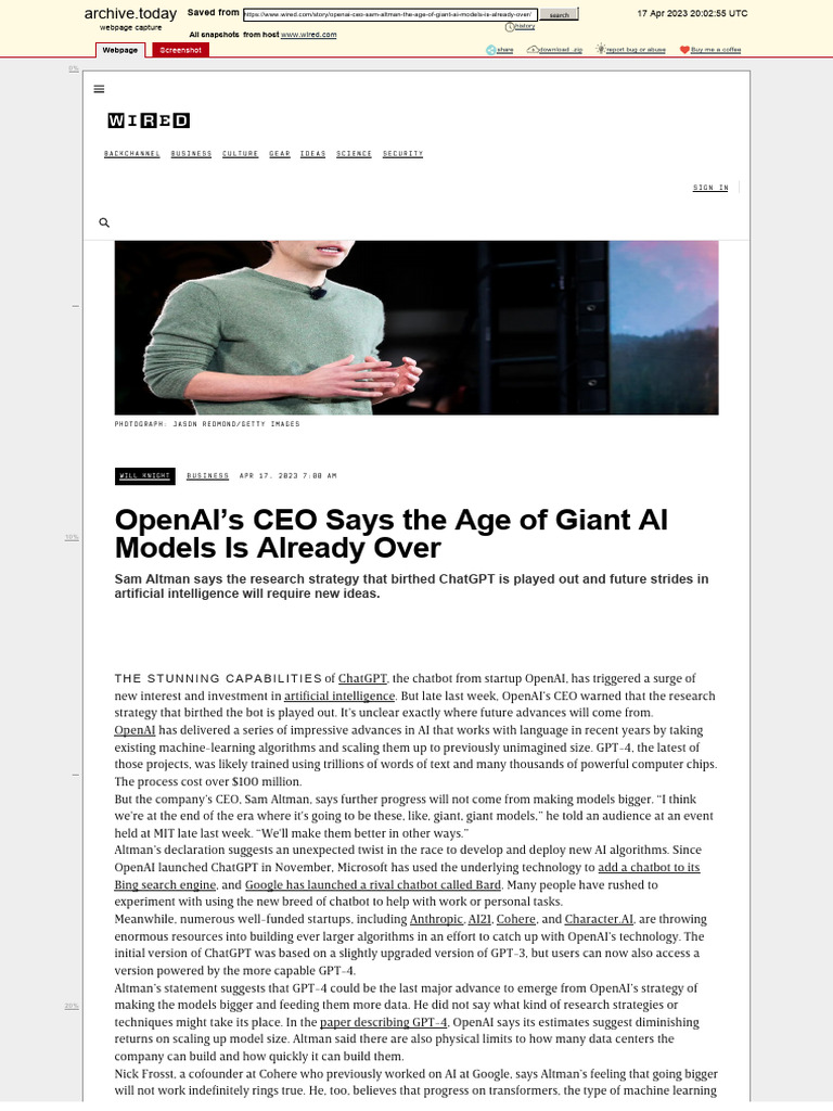 Openai's Ceo Says The Age of Giant Ai Models Is Already Over - Wired ...