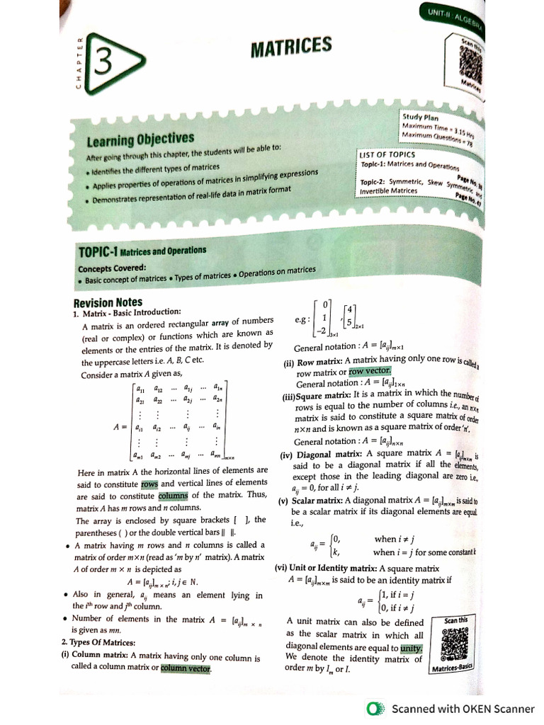 Matrices - One Shot Notes | PDF