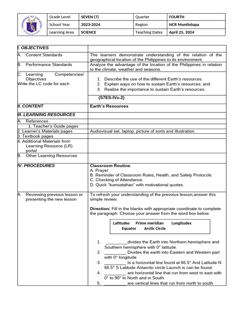 Grade 7 Science: Earth's Resources Lesson | PDF | Latitude | Longitude