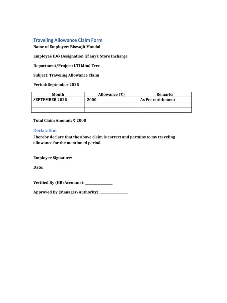 Traveling Allowance Claim Form | PDF