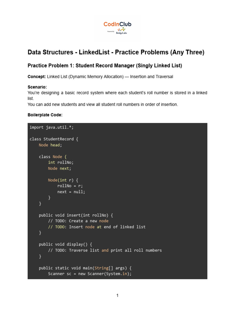 S13 - Dynamic Data Structures - LinkedList Implementation & Operations - Practice Problem | PDF ...