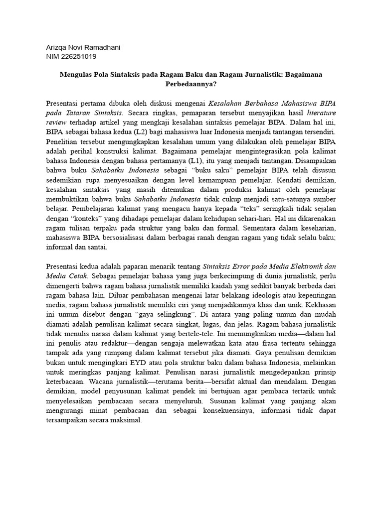 Arizqa Novi 226261019 Syntax Reaction Paper | PDF