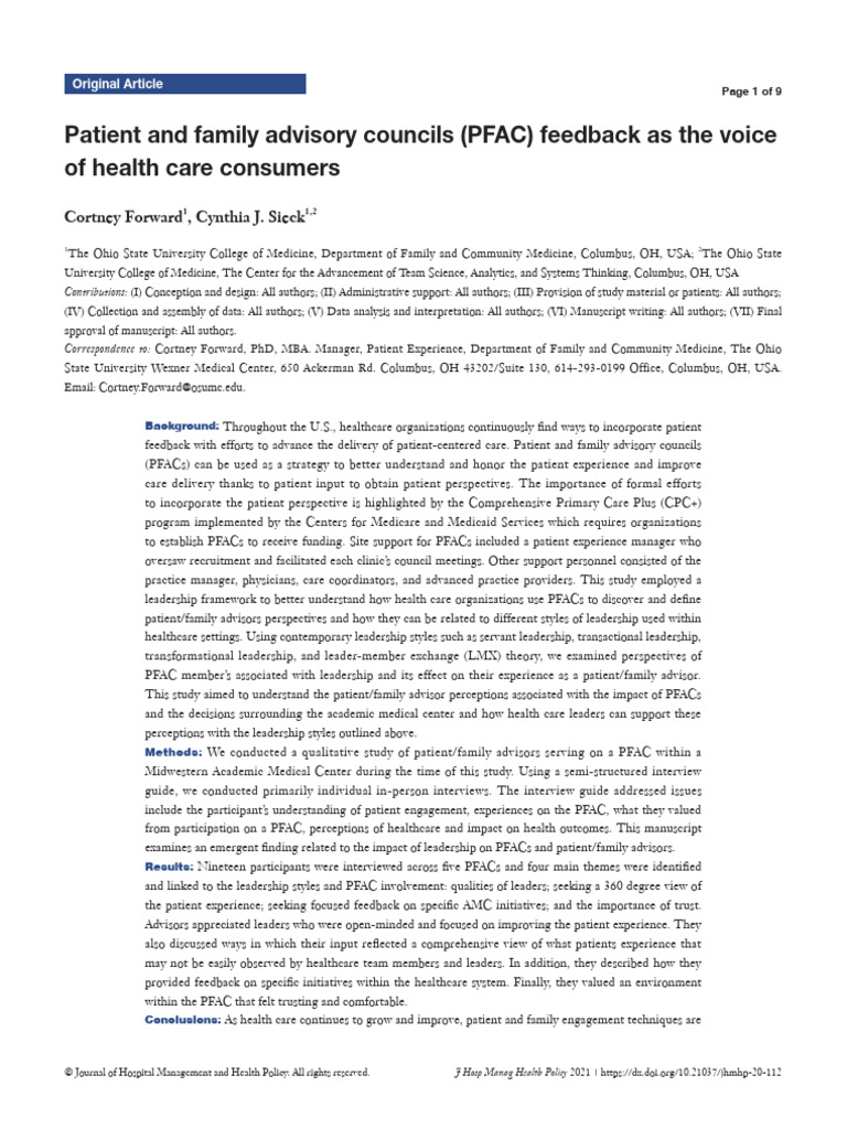 Patient and Family Advisory Councils PFAC Feedback | PDF | Leadership ...