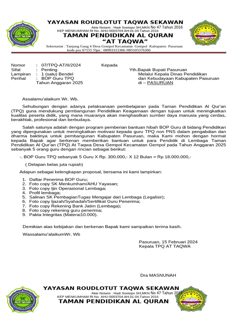 Fprmat Proposal Bop TPQ 23 | PDF