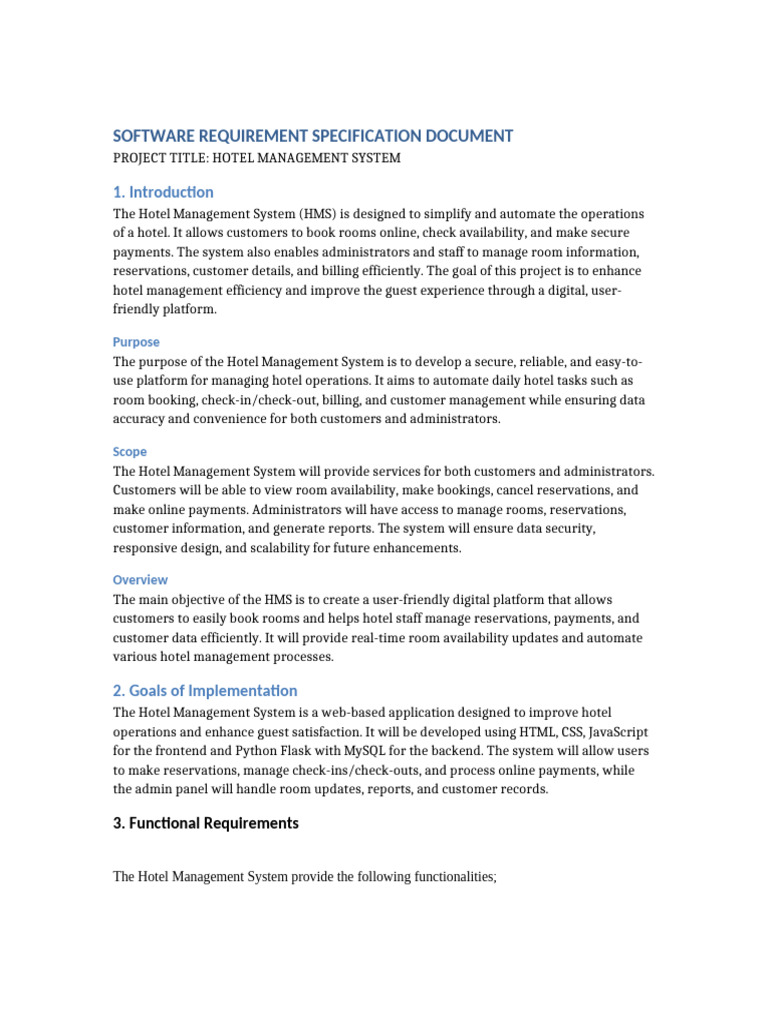 Hotel Management System SRS | PDF | Computing | Software