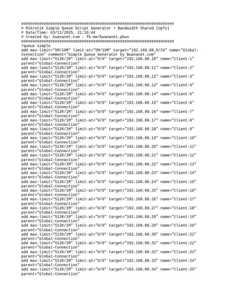 Mikrotik Simple Queue Script Generator + Bandwidth Shared (UpTo) | PDF