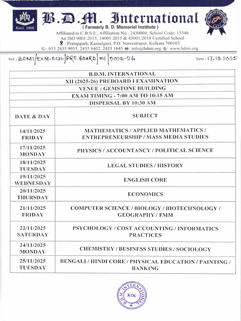 BDMI Pre-Board Exam Schedule 2025-26 | PDF