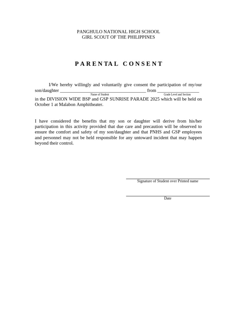 Parental Consent Sunrise Parade 2025 | PDF