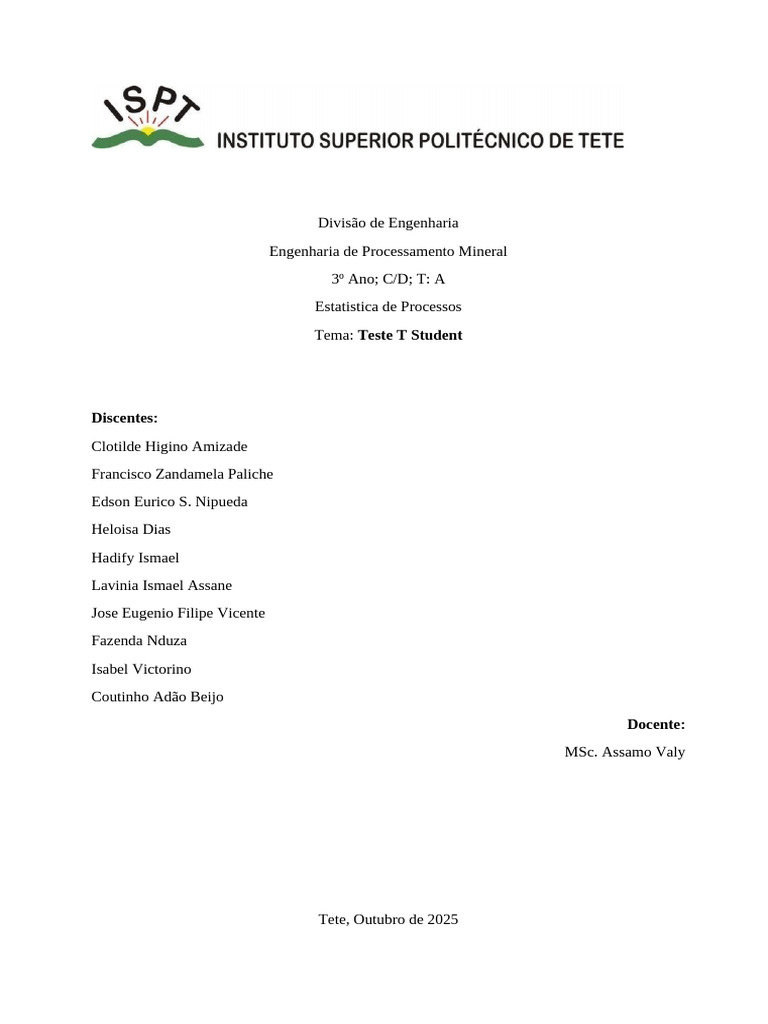 Teste t de Student no Processamento Mineral | PDF | Significado ...