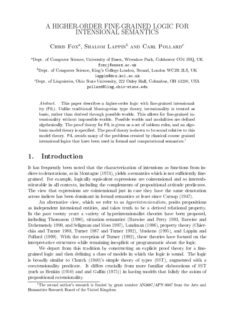 A Higher-Order Fine-Grained Logic For Intensional Semantics | PDF ...