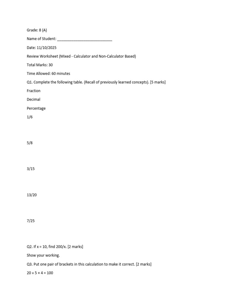 8th Grade Math Review Worksheet | PDF