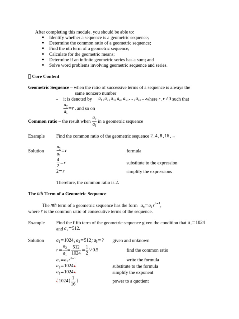 Module Geometric Sequence and Series | PDF | Sequence | Ratio