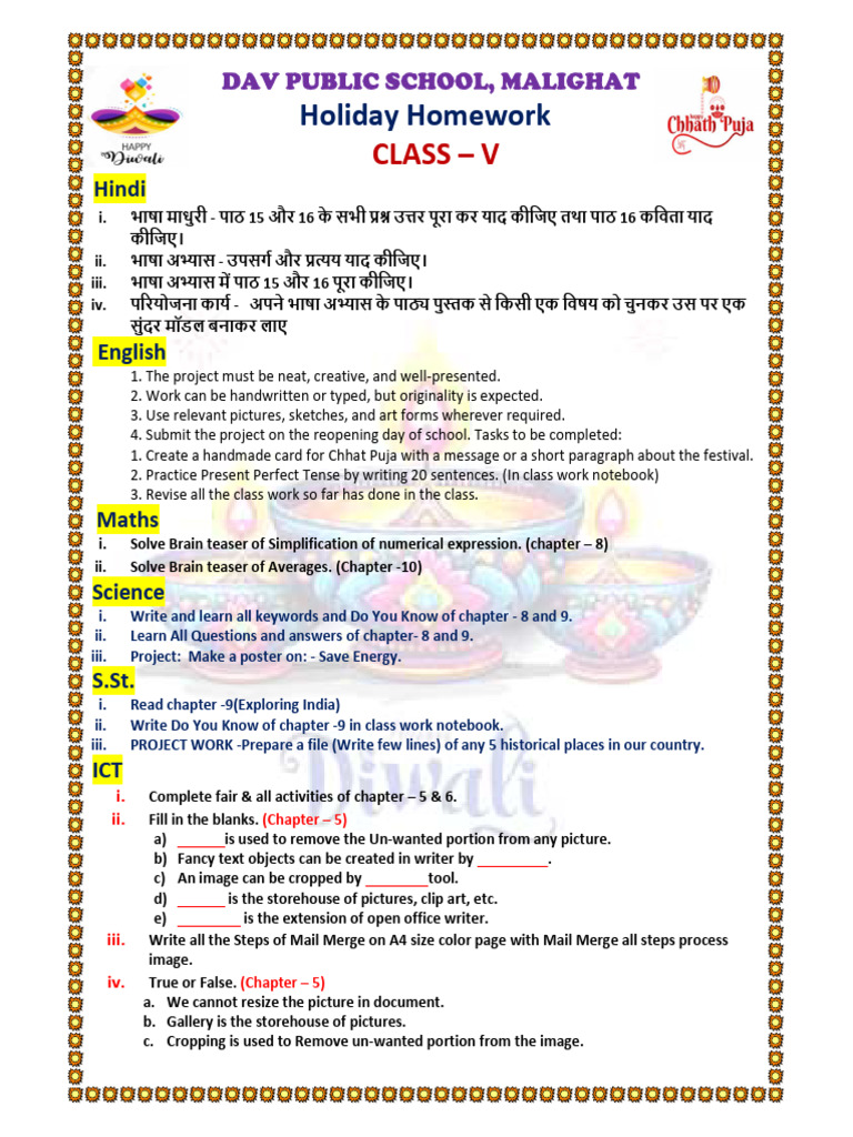 Class 5 Diwali & Chhath Puja HHW | PDF