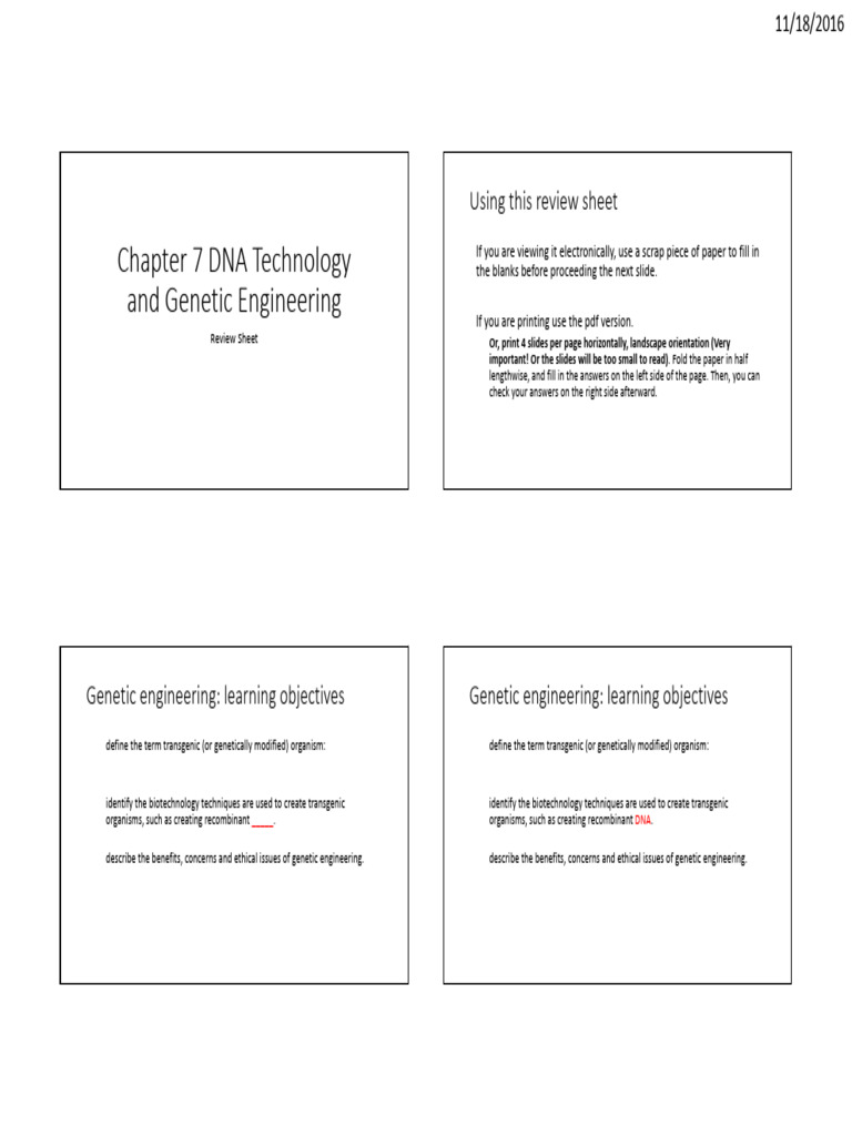 Review Sheet Chapter 7 DNA Technology and Genetic Engineering | PDF ...