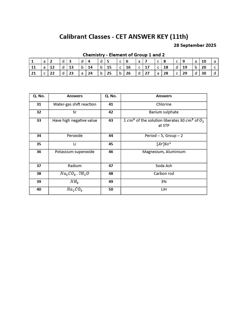 Elements of Group 1 and 2 - CET Answer Key | PDF
