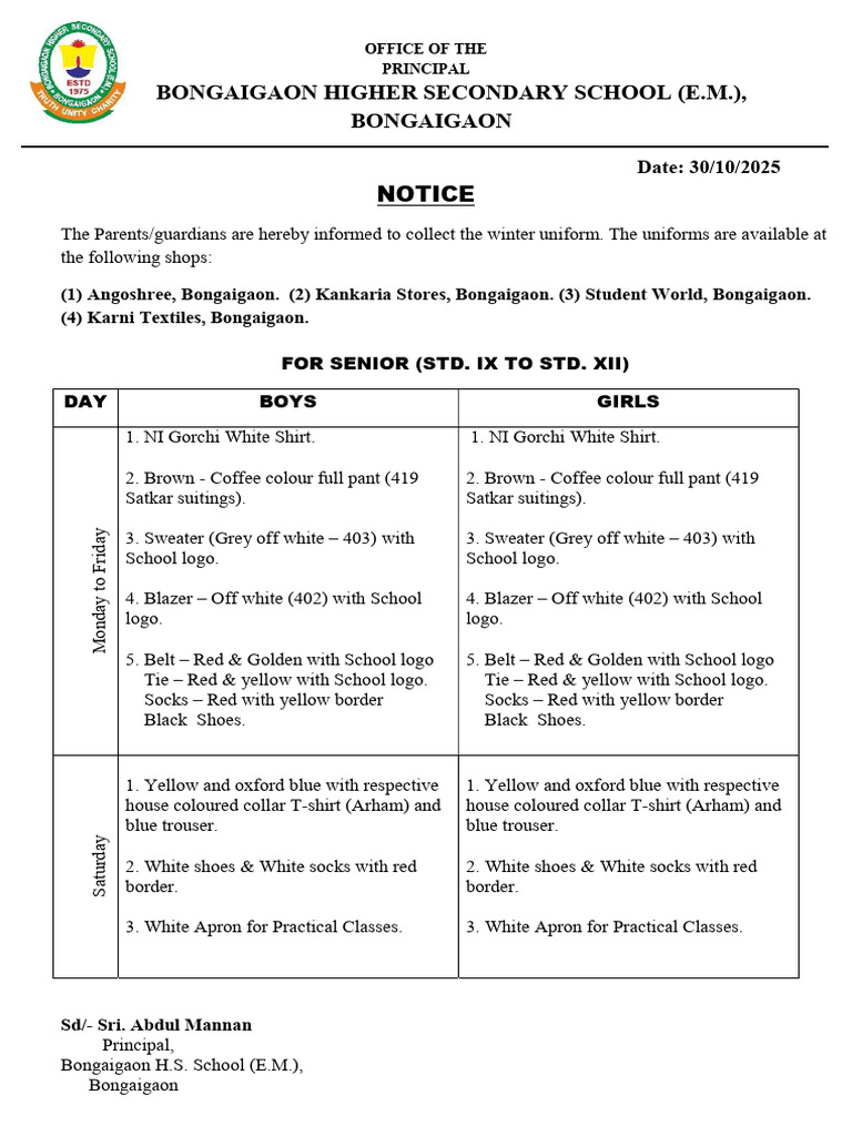 Winter Uniform Collection Notice | PDF | Uniforms | Dress Codes