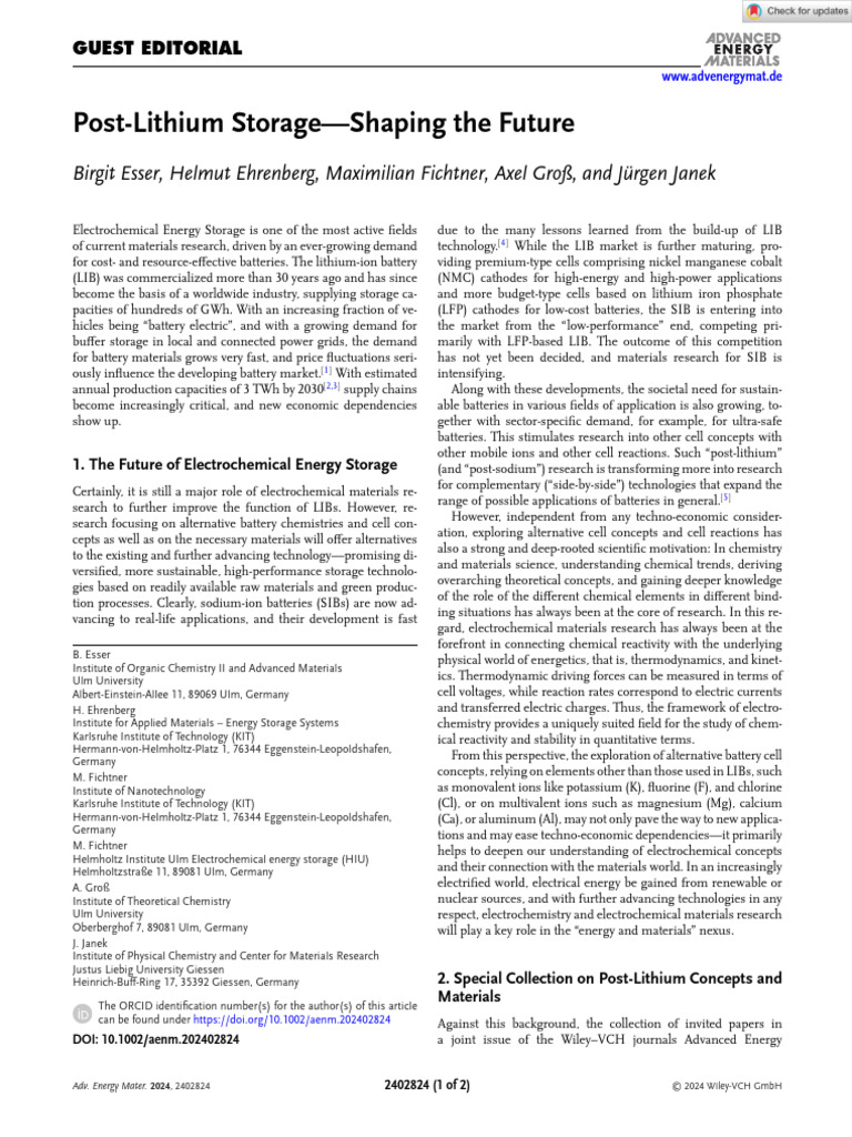 Advanced Energy Materials - 2024 - Esser - Post Lithium Storage Shaping ...