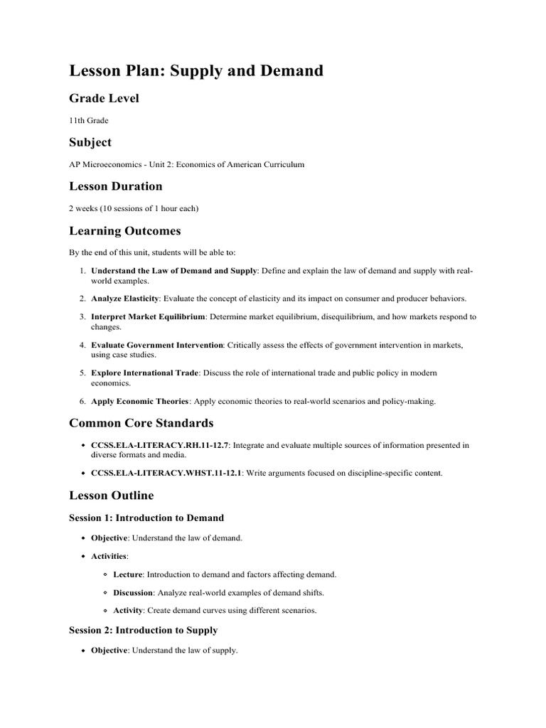Lesson Plan - Supply and Demand | PDF | Elasticity (Economics) | Demand