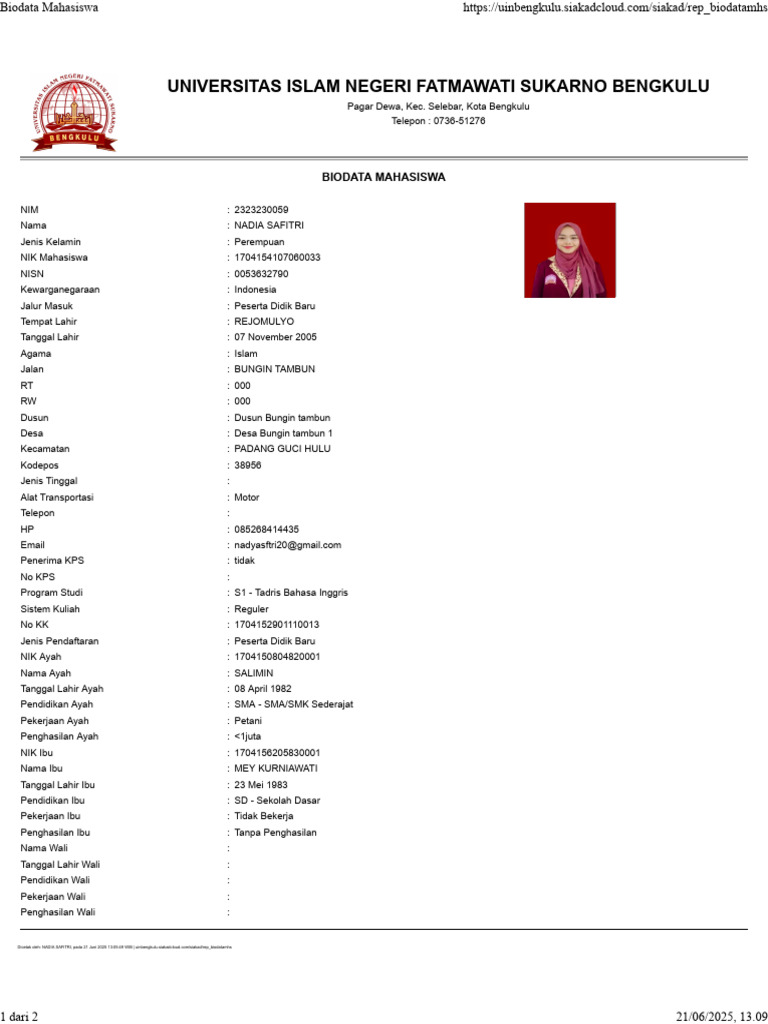 Biodata Mahasiswa | PDF