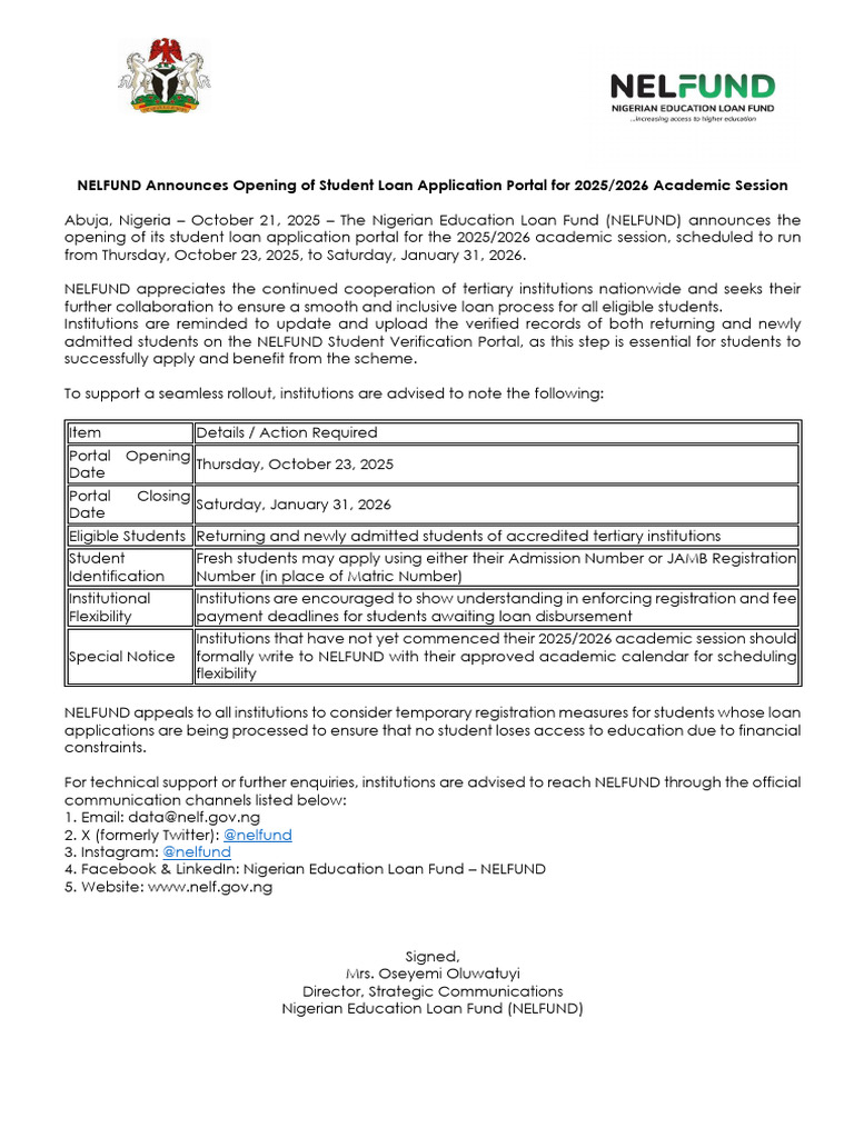 NELFUND Opens Student Loan Portal 2025 | PDF