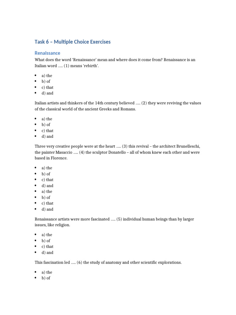 Multiple Choice Tasks With Answers | PDF | Renaissance | Trick Or Treating
