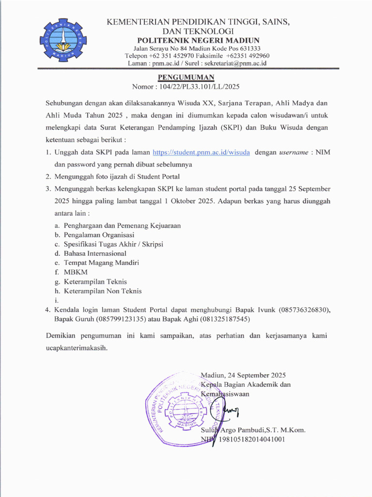 Pengumuman Unggah Data SKPI Dan Buku Wisuda | PDF