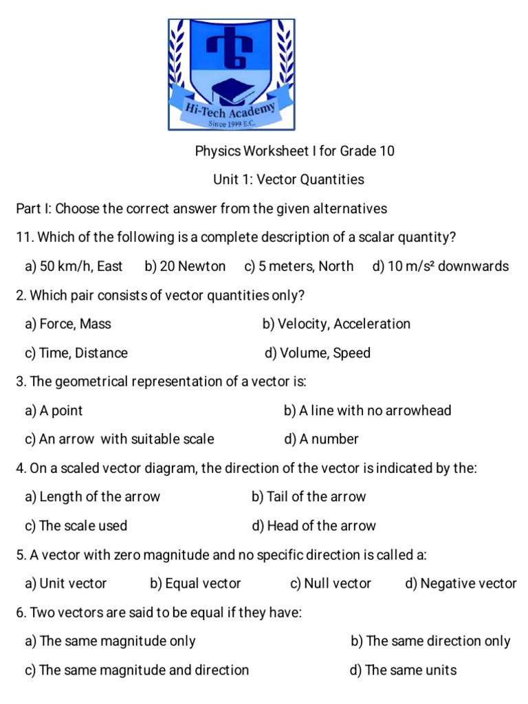 Grade 10 Physics: Vector Quantities Worksheet | PDF