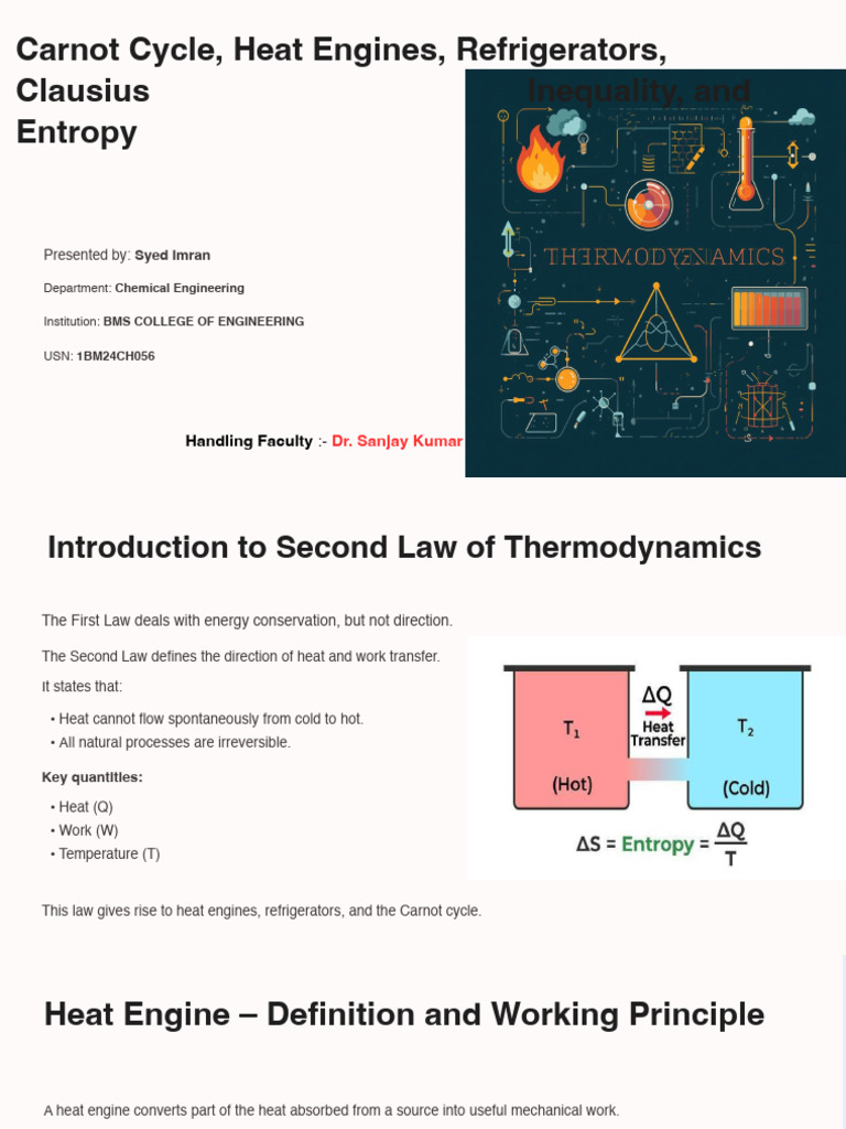 Carnot Cycle Heat Engines Refrigerators Clausius Inequality and Entropy ...
