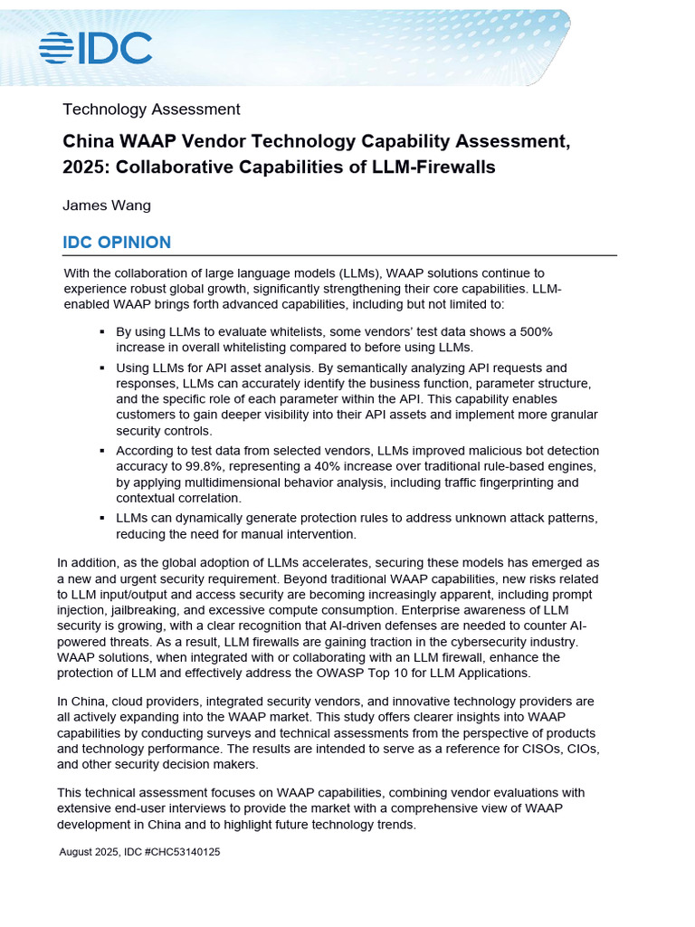 IDC China WAAP Vendor Technology Capability Assessment 2025 Collaborative Capabilities of LLM ...