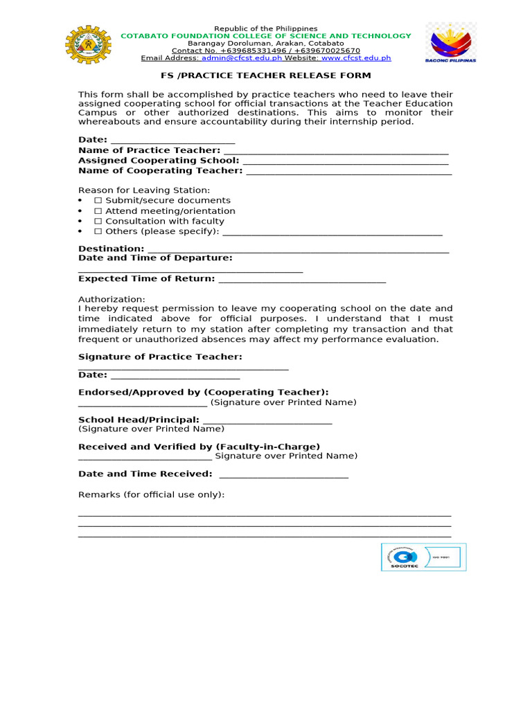 Practice Teacher Release Form Template | PDF