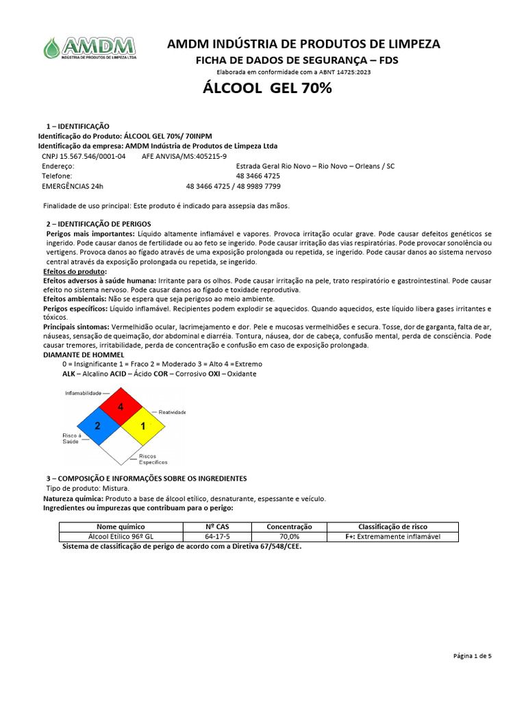 Ficha de Segurança: Álcool Gel 70% AMDM | PDF | Toxicidade | Etanol