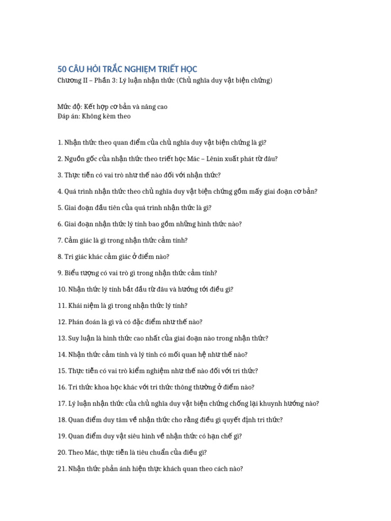50 Cau Trac Nghiem Triet Hoc Chuong II Phan 3 | PDF
